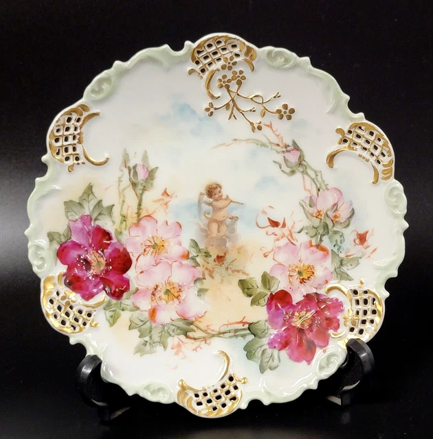 ANTIQUE PLATE LEONARD Vienna Cherub With Sickle Pink Roses Reticulated ...