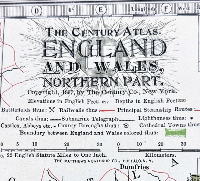 1899 NORTHERN ENGLAND Wales Map Liverpool Sheffield STEAMSHIPS RAILWAYS ...