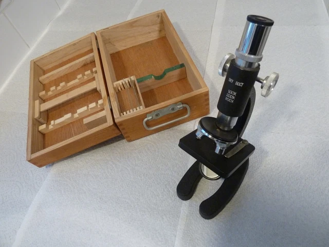 SKYBOLT MICROSCOPE & Slides in Wooden Box. A Rare Vintage Students ...