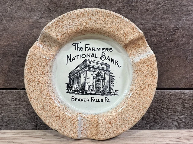 ANTIQUE ING-RICH PORCELAIN “The Farmers National Bank” Ashtray Beaver ...
