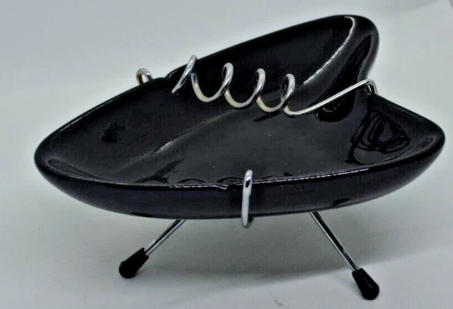 ATOMIC MCM CERAMIC Black Boomerang Ashtray with Chrome Tripod Stand ...