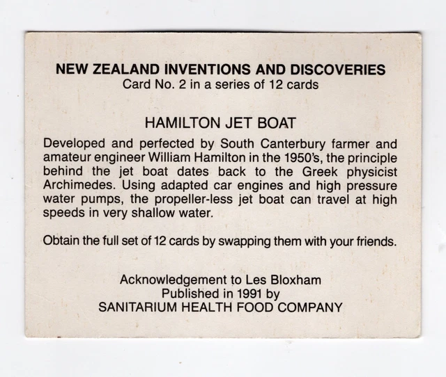 SANITARIUM NZ CARD. #02 William Hamilton And Jet Boat in 1950s $4.99 ...