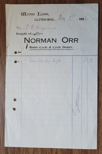 1926 NORMAN ORR Cycle Dealer Woone Lane Clitheroe Invoice 1 x Lucas ...