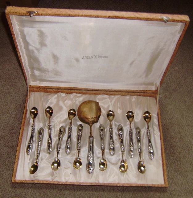 CASED SET OF Italian 800 Grade Silver & Gilt Spoons & Server, early ...