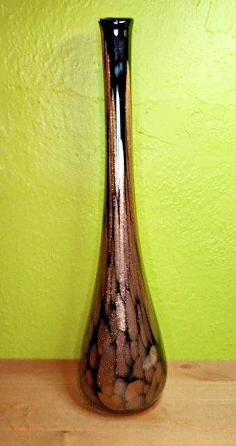 BLACK ART GLASS Copper Adventurine 19" Hand Blown Vase Butterfly Pontil ...