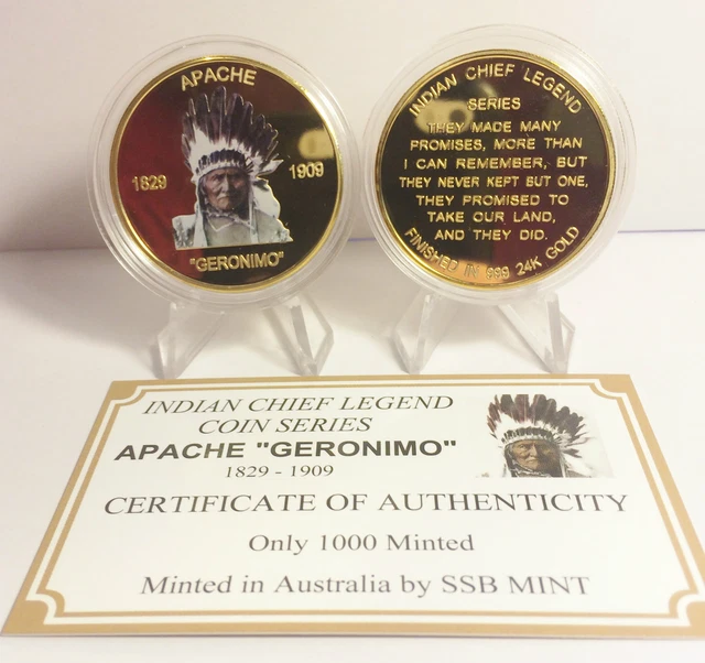NEW INDIAN CHIEF Series "GERONIMO" 1 Oz Coin C.O.A. Finished in 999 24k ...