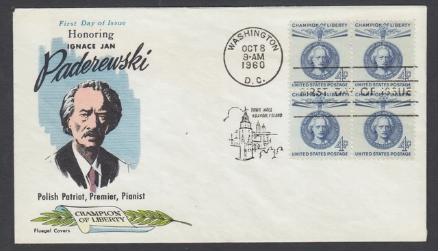 US MEL 1159-18 FDC. 1960 4c Paderewski Champion of Liberty, Fluegel ...