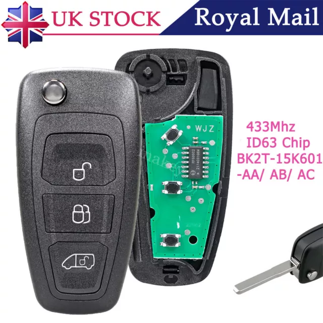 3 BUTTON FOR Ford Transit Custom van Full Remote key fob 2014 - 2016 ...