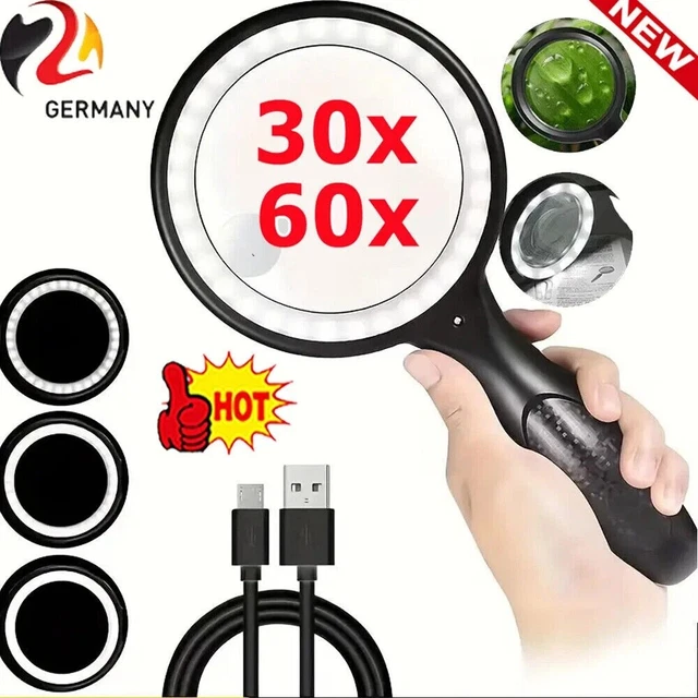 LUPE MIT LICHT 30X 60X Beleuchtete Lupe LED Handlupe Leselupe Juwelier ...