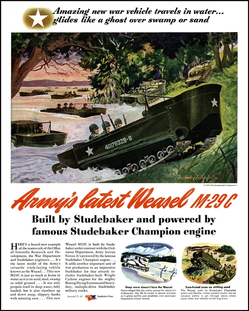 1944 WW2 STUDEBAKER Weasel M29C amphibious vehicle vintage art print ad ...