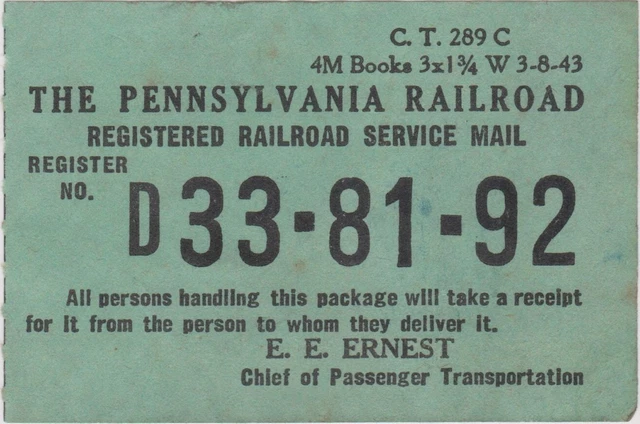 PENNSYLVANIA RAILROAD REGISTERED Railroad Service Mail 1943 ticket $7. ...