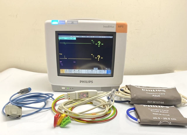 PHILIPS MP5 COLOUR TOUCHSCREEN PATIENT MONITOR + GENUINE LEADS SpO2 ECG ...