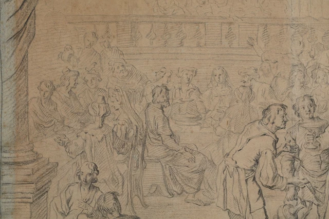 18TH CENTURY LARGE FRENCH OLD MASTER PENCIL DRAWING - FEAST INTERIOR ...
