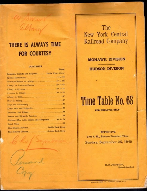 NEW YORK CENTRAL RAILROAD 1949 Employee Timetable No68 Mohawk & Hudson ...