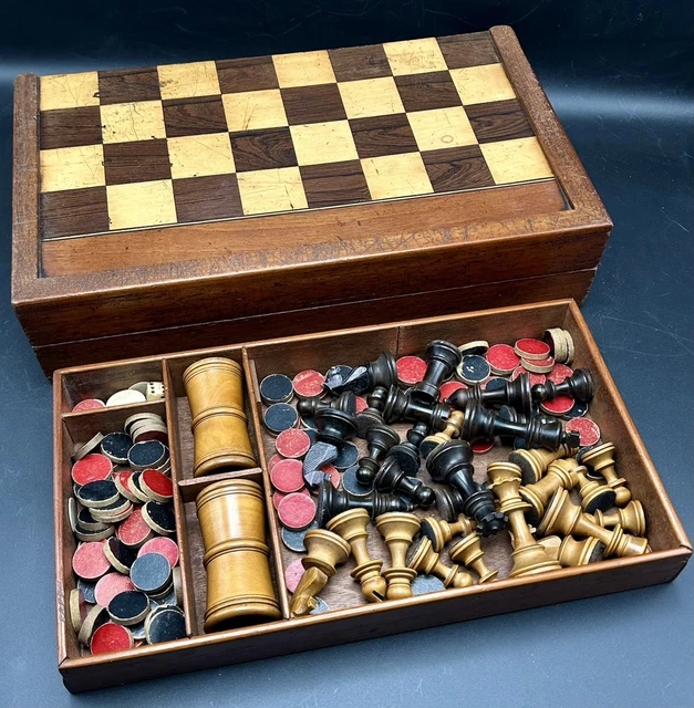 LARGE ANTIQUE CHESS Backgammon Board Shakers Chess Pieces Counters Dice ...