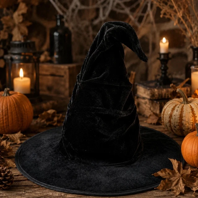 Halloween Witch Hat Black Velvet Crumpled Wizard Hat Cosplay Costume Uk