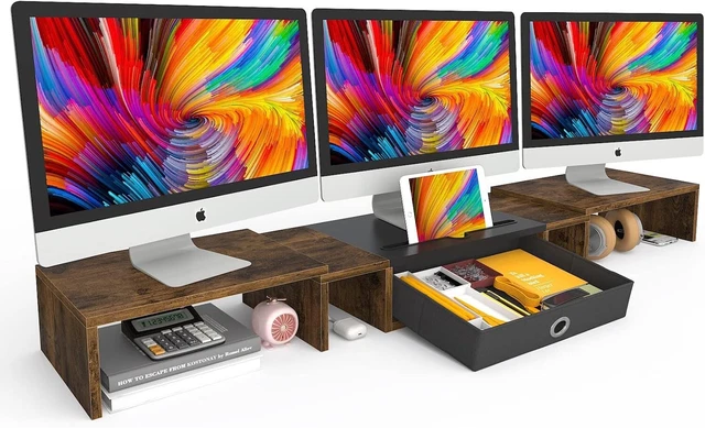 TRIPLE DUAL MONITOR Stand Riser with Drawer,Extra Large Adjustable for ...
