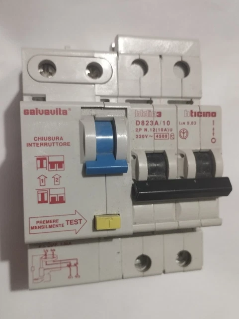 BTICINO INTERRUTTORE DIFFERENZIALE Magnetotermico Salvavita D823A/10 0,03A 2P EUR 28,00 ...