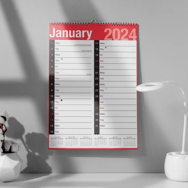 2024 A3 EASY view Calendar 2 Column Month to View Spiral Bound R&B 60 ...