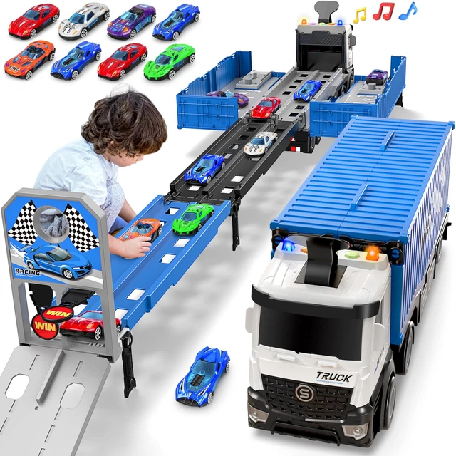TRANSPORT TRUCK TOYS Cars for Boys,Portable Toy with 8 1:64 scale, Blue ...