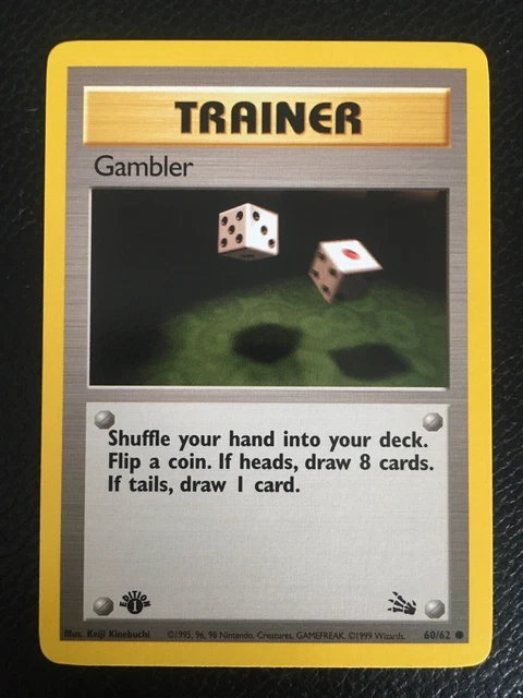 1ST EDITION FOSSIL Gambler Trainer 60/62 Pokemon Card WOTC Vintage NM ...