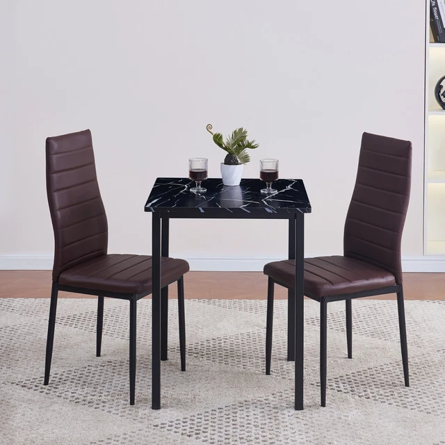 24& BLACK MARBLE MDF Top Dining Table&2pcs Brown Faux Leather Dining ...