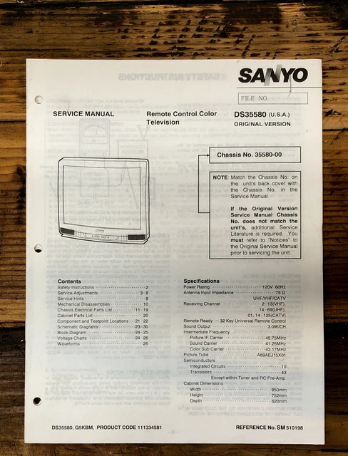SANYO MODEL DS35580 TV Service Manual *Original* £12.34 - PicClick UK