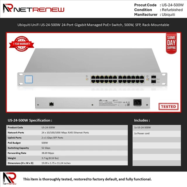 UBIQUITI UNIFI US-24-500W 24-Port Gigabit Managed PoE+ Switch, 500W ...