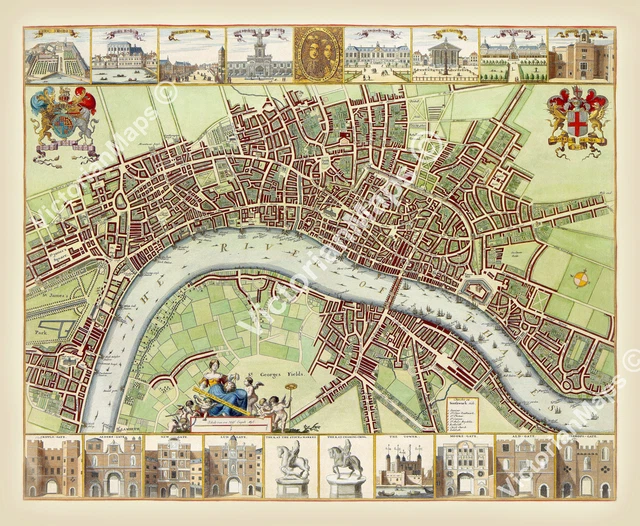 ANTIQUE OLD 17 century Mary Stuart LONDON guide map Hollar 1688 art ...