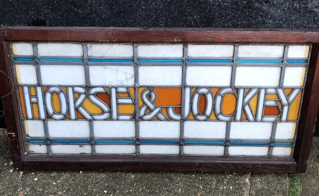 VINTAGE OLD PUBLIC House stained glass window partition wood lead frame ...