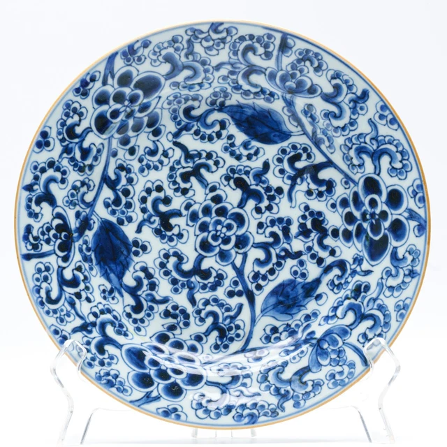 CHINESE PORCELAIN PLATE Cobalt Blue Peony Scroll Brown Rim Kangxi ...