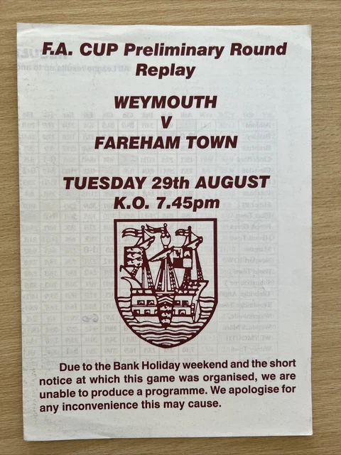 29.8.1995. WEYMOUTH V Fareham Town (FA Cup Prelim Round, Replay). £2.99 ...