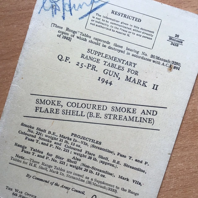 WW2 BRITISH ARTILLERY Manual: Range Tables For 25-Pr Gun, Smk+Flare ...