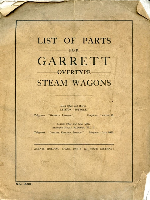GARRETT OVERTYPE STEAM wagon list of parts No 590 1920's EUR 87,85 ...