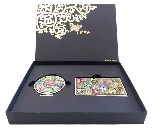 KOREAN LACQUER MOTHER Pearl Shell Inlay Card Holder Makeup Mirror ...
