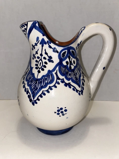 VINTAGE BLUE & White Serghini Safi Moroccan Pottery Pitcher Signed by ...