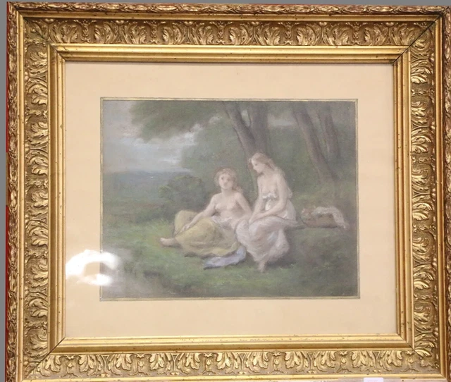 BEAU TABLEAU LES baigneuses paysage de bois au bord de l'eau Pastel fin ...