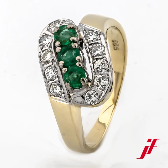 ANELLO CLASSICO 585/14K Oro Giallo Bianco Smeraldi Diamanti Brillanti ...