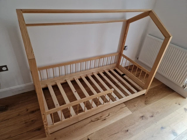 JUNIOR KIDS WOODEN House Bed With Guard Rail - Natural Pine | 160 cm x ...