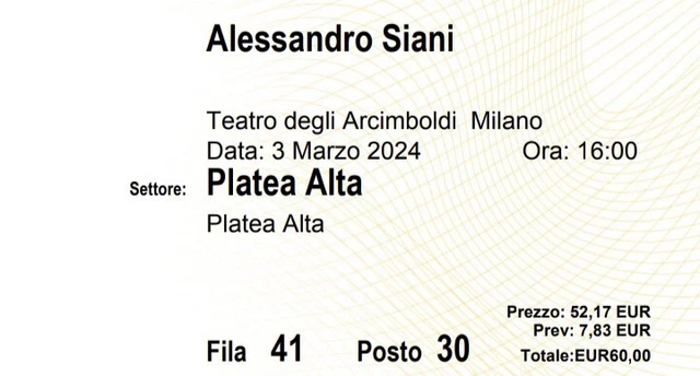 DUE BIGLIETTI SPETTACOLO Alessandro Siani, Teatro Arcimboldi Milano, 03 ...