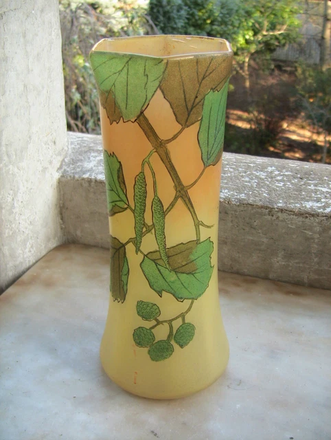 LEGRAS JOLI VASE en verre émaillé d'une branche d'arbre sur fond jaune orangé EUR 42,00 ...