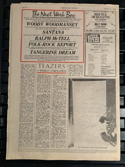 NME MAGAZINE 21 Dec 1974 Mick Jagger (Taylor quits Stones) Gong £10.00 ...