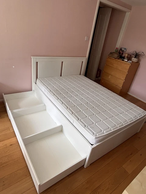 IKEA SONGESAND WHITE Double Storage Bed Frame 4 Drawers w/ Memory Foam ...