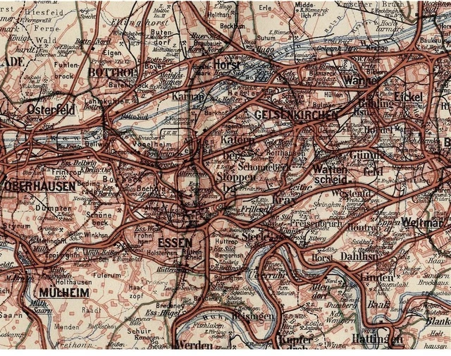 1930 ORIGINAL VINTAGE Map Of Ruhr Ruhrgebiet Essen Duisburg Bochum ...