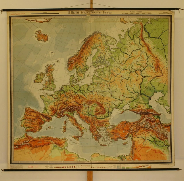 LARGE WALL MAP Europe Map School Wall Map Physical Map 210x199 Vintage ...