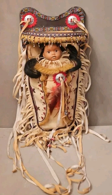 NATIVE AMERICAN INDIAN Papoose Baby Porcelain Doll Cradle Board Vintage ...