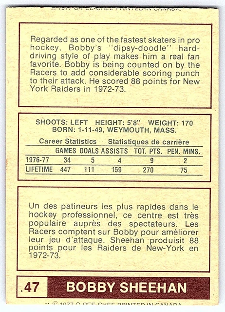 1977-78 O-PEE-CHEE WHA Bobby Sheehan Indianapolis Racers #47 $1.25 ...