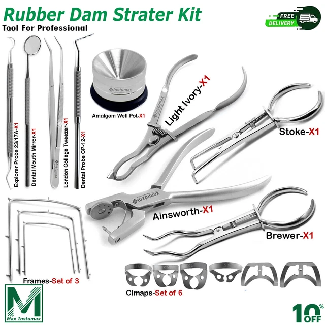 DENTAL RUBBER DAM Kit Endodontic Restorative Scaler Brinker Clamps ...