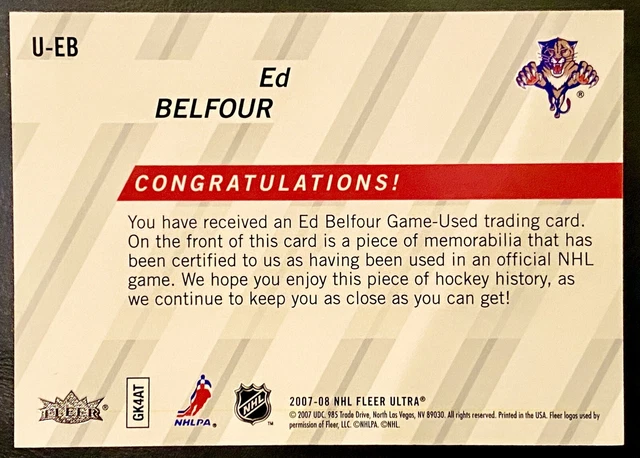 ED BELFOUR 2007-08 Fleer Ultra Uniformity Jersey Card U-EB Florida ...