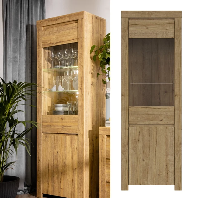 GLASS DISPLAY CABINET Tall Slim Unit Soft Close LEDs Waterford Oak ...